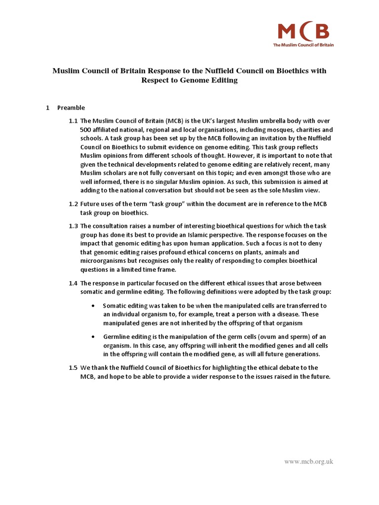 Muslim Council of Britain Response To The Nuffield Council On Bioethics With Respect To Genome ...