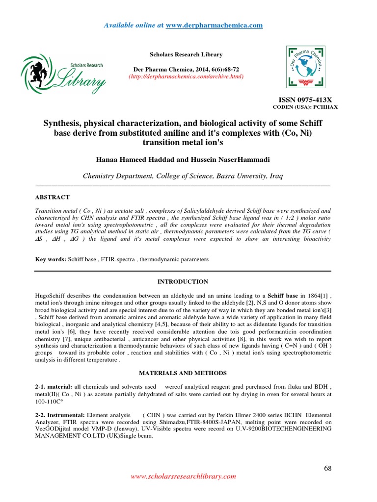 Synthesis Physical Characterization and Biological Activity of Some Schiff Base Derive From ...