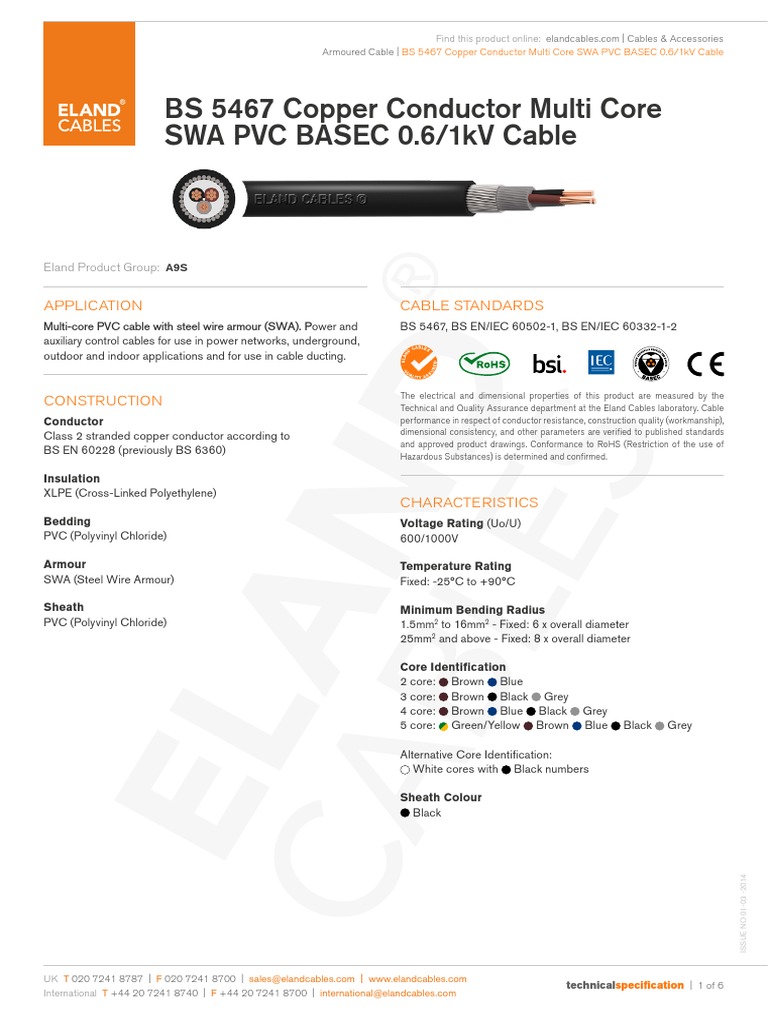 Bs 5467 Copper Conductor Multi Core Swa PVC Basec 0 6 1 KV Cable | PDF ...