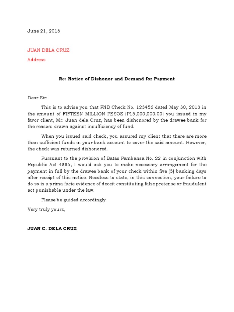 BP 22 Notice of Dishonor | PDF | Finance & Money Management