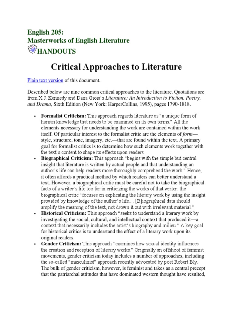 Critical Approaches To Literature: English 205: Masterworks of English ...