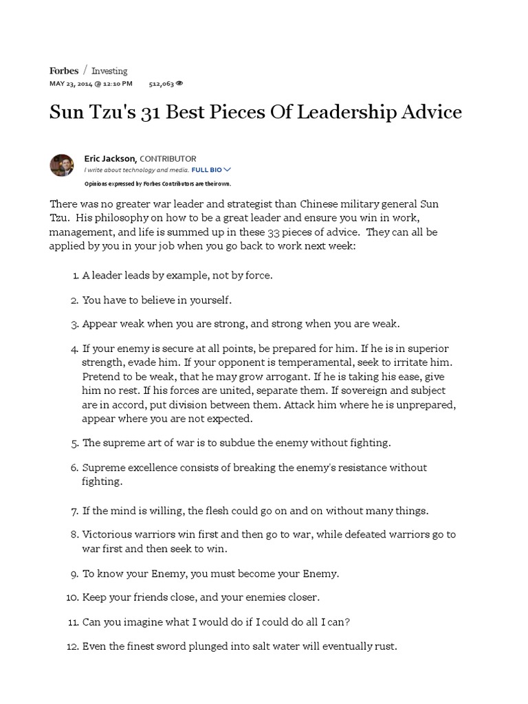 Sun Tzu's 31 Best Pieces of Leadership Advice | PDF | The Art Of War ...