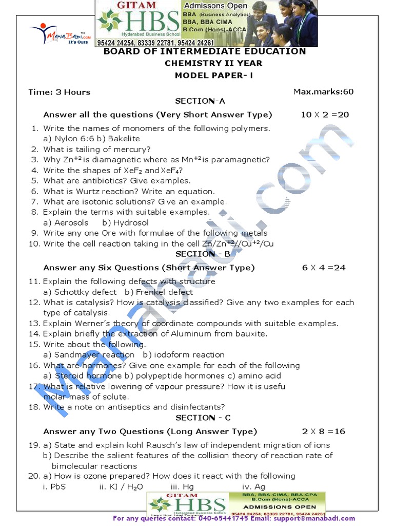IPE Chemistry Model Paper 1 Question Paper | PDF | Chemical Reactions ...