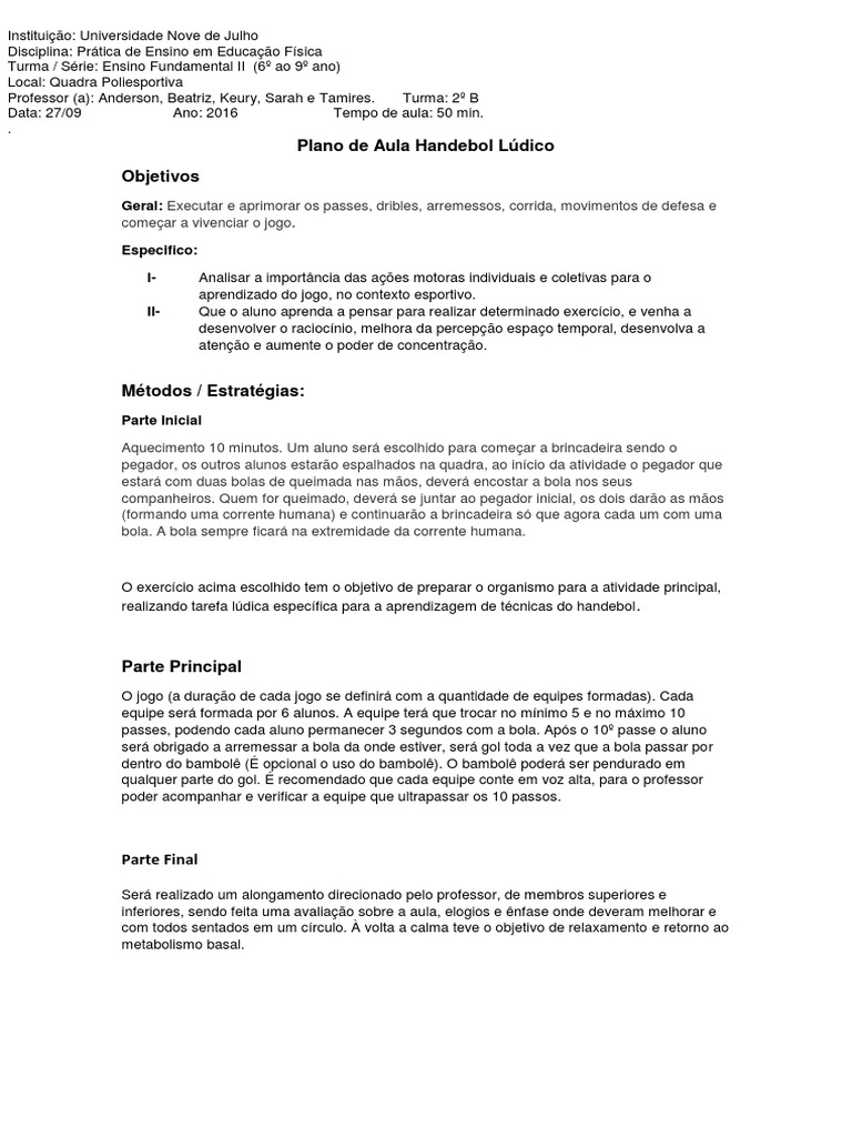 Plano de Aula Handebol | PDF | Educação Física | Aprendizado Plano de Aula Handebol | PDF | Educação Física | Aprendizado