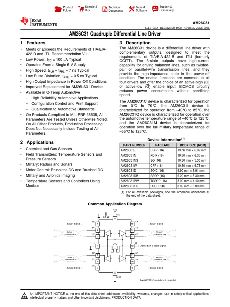 AM26C31 Quadruple Differential Line Driver: 1 Features 3 Description ...