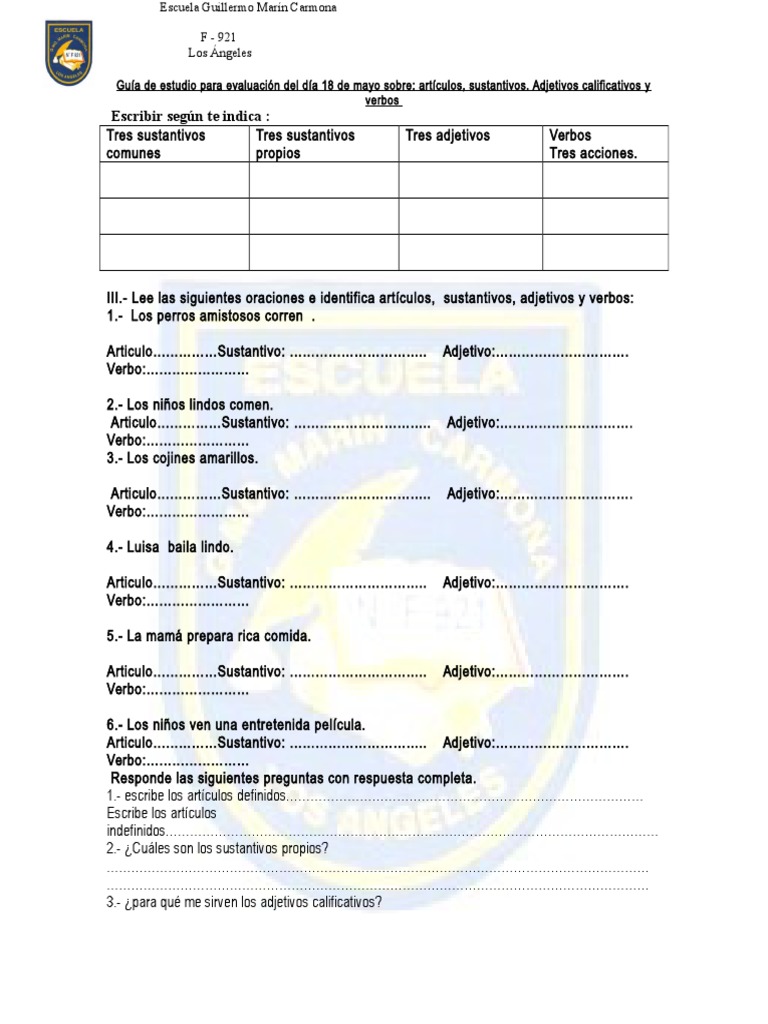 Guia de Estudiode Adjetivos Verbos Sustantivos | PDF