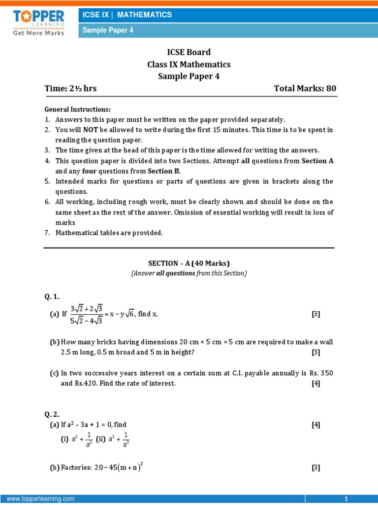 ICSE Class 9 Maths Sample Paper 4 | PDF | Area | Fraction (Mathematics)