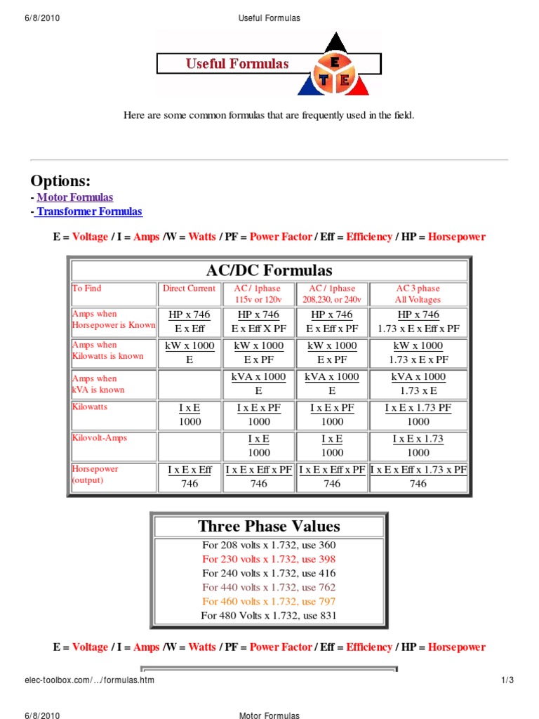 Useful Formulas Motor | PDF | Electric Motor | Horsepower