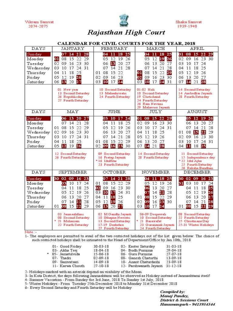Rajasthan High Court: Calendar For Civil Courts For The Year, 2018 ...