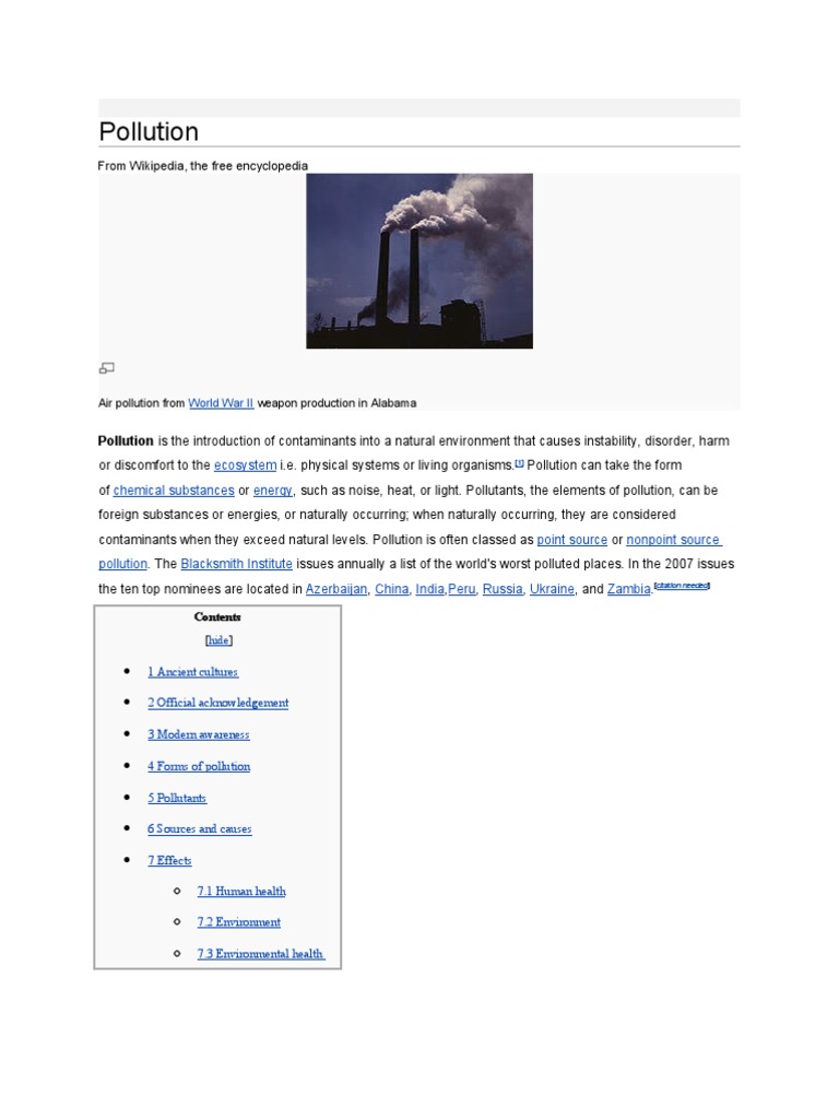 Pollution: From Wikipedia, The Free Encyclopedia | PDF | Environmental ...