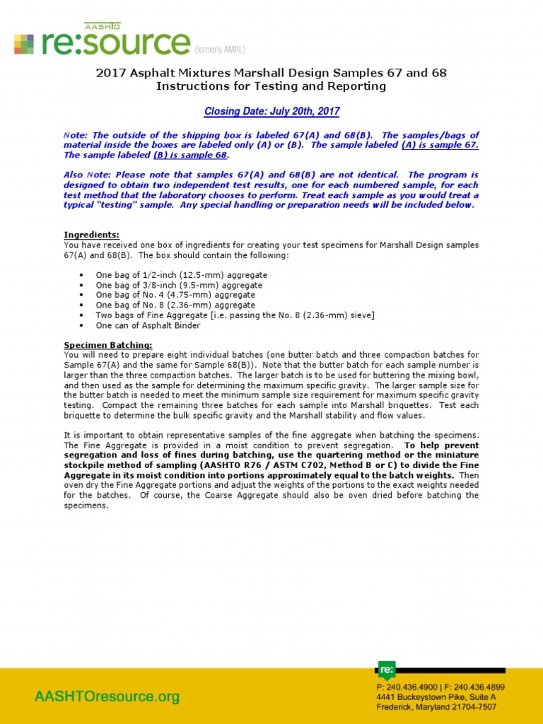 2017 Asphalt Mixtures Marshall Design Samples 67 and 68 Instructions ...