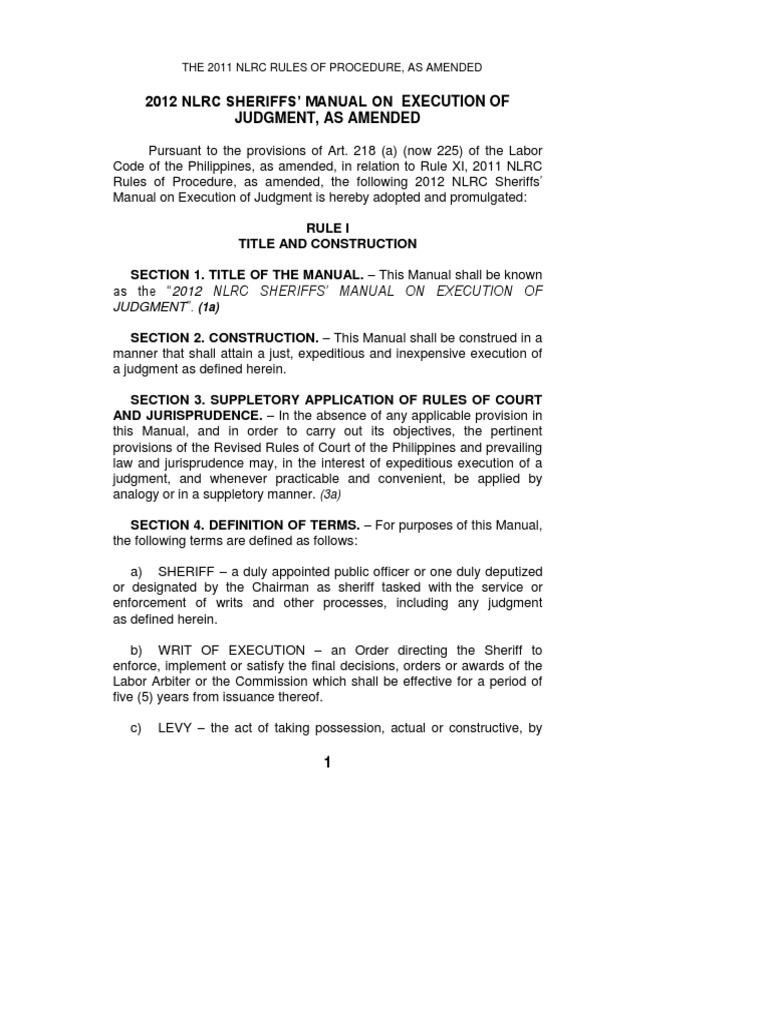 2012 NLRC Sheriffs' Manual On Execution of Judgment, As Amended | PDF | Judgment (Law) | Arbitration