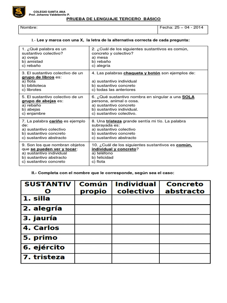 Prueba de Lenguaje Tercero Basico | PDF