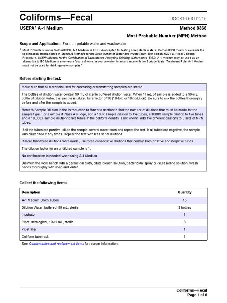 Coliforms-Fecal: Usepa A-1 Medium Method 8368 Most Probable Number (MPN ...