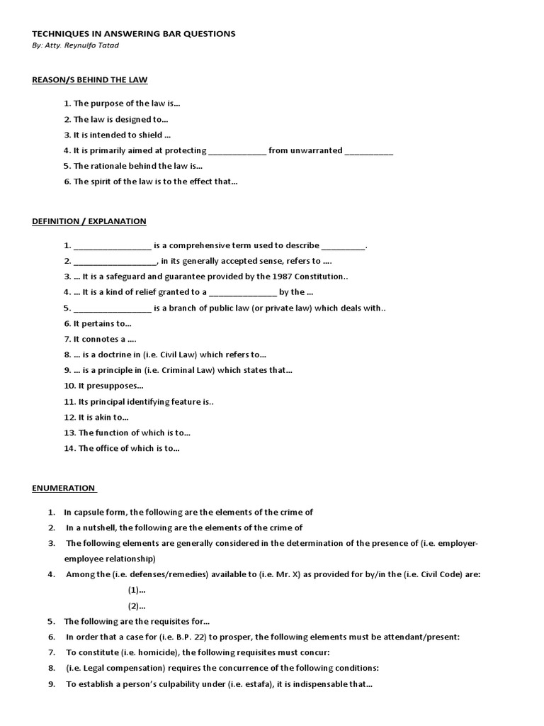 Techniques in Answering Bar Questions | PDF | Supreme Courts | Question