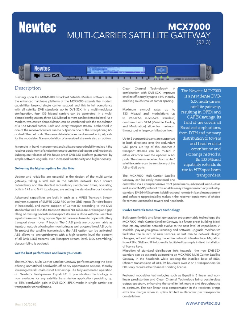 Newtec MCX7000 Multi Carrier Satellite Gateway Modem | PDF | Modulation ...