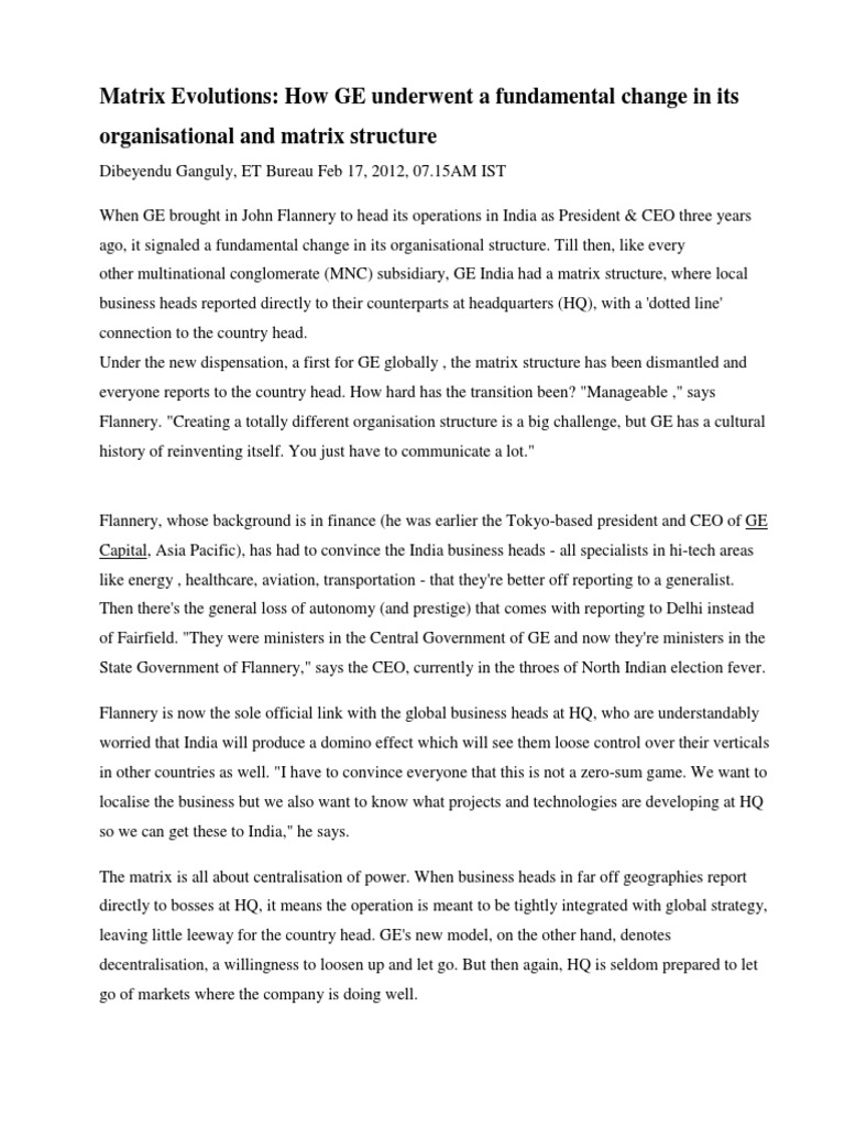 Matrix Evolutions How GE Underwent A Fundamental Change in Its ...