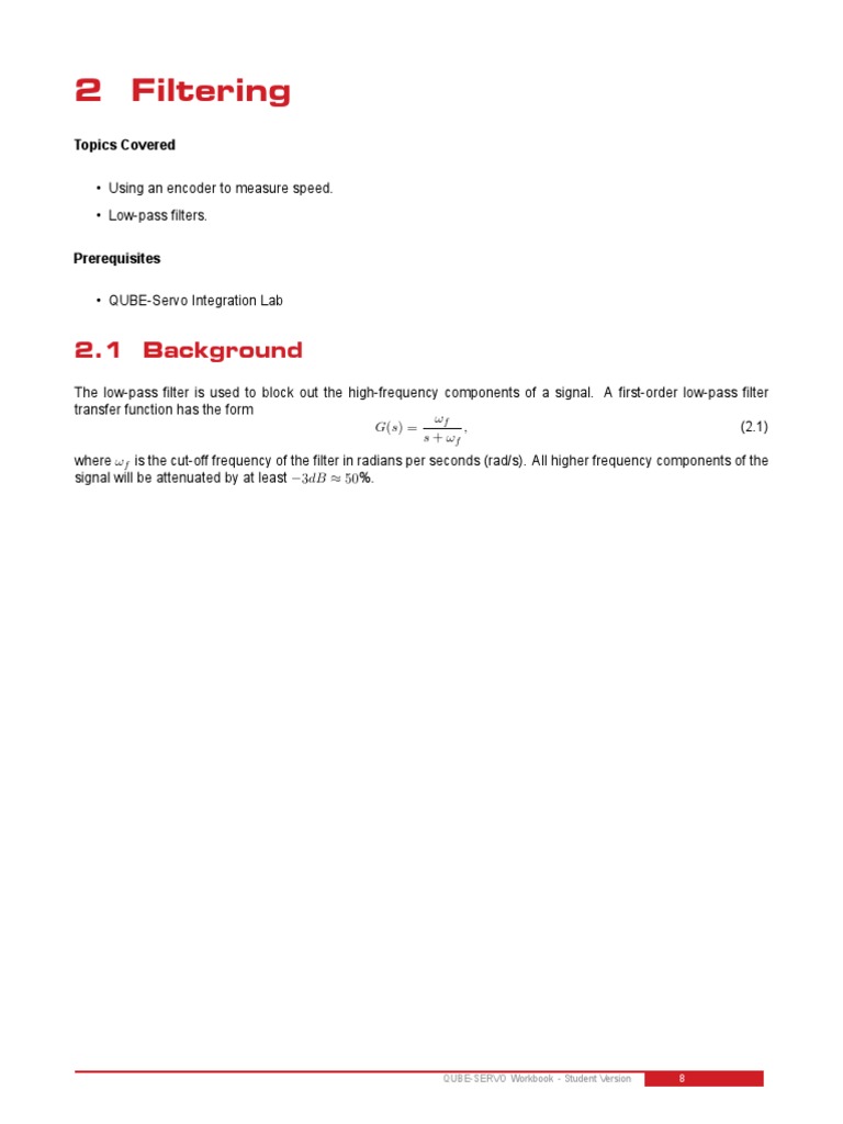 Lab 2 QUBE-Servo Filtering Workbook (Student) | PDF | Filter (Signal Processing) | Low Pass Filter