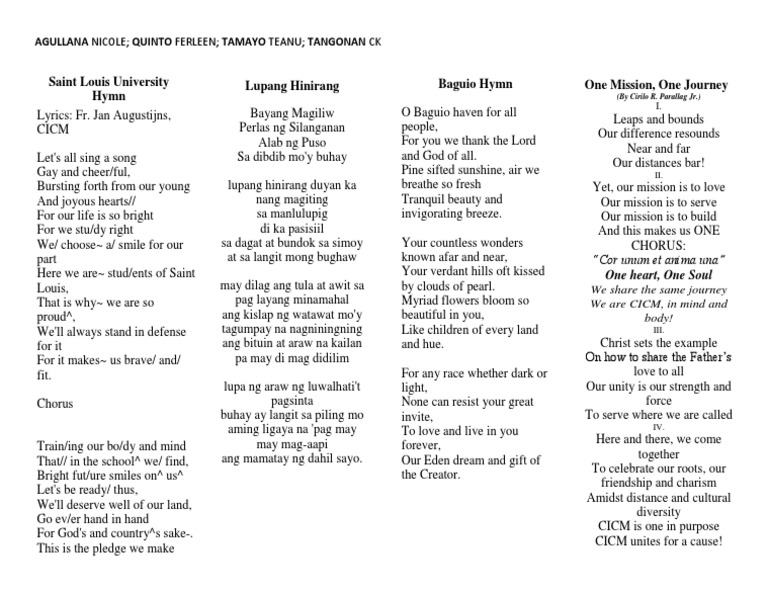 Saint Louis University Hymn Lupang Hinirang Baguio Hymn One Mission ...