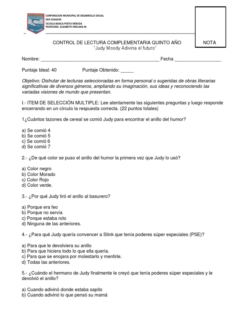 Control de Lectura Judy Moody | PDF | Ocio