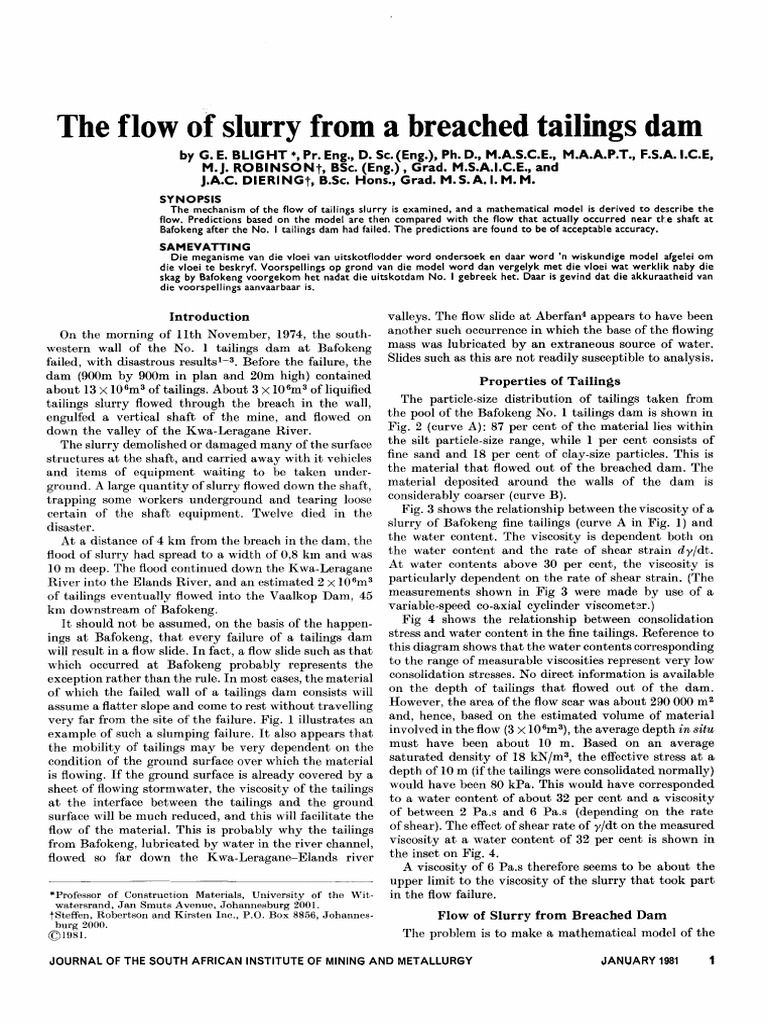 (1981) Blight - The Flow of Slurry From Breached Tailings Dams | PDF ...
