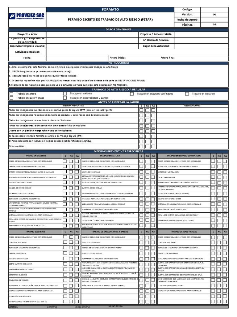Permiso Escrito de Trabajo de Alto Riesgo (Petar) - V.00 | PDF | Soldadura | Construcción