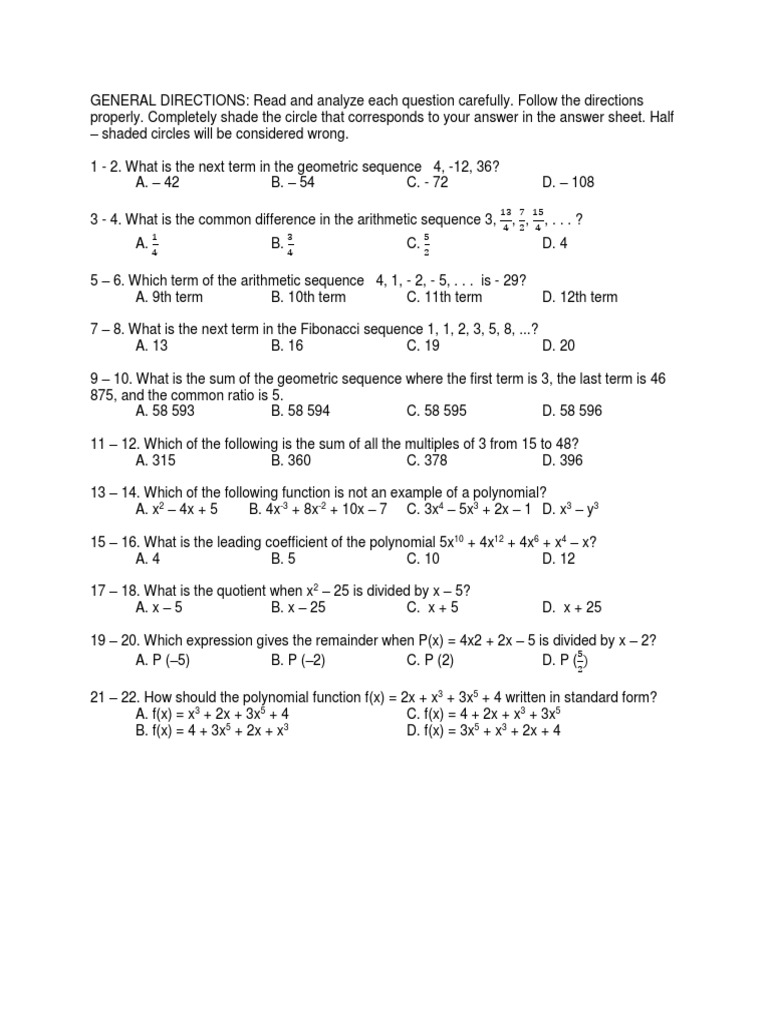 General directions and practice test questions | PDF | Polynomial ...