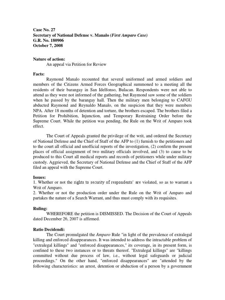 Case No. 27 Secretary of National Defense v. Manalo (First Amparo Case ...