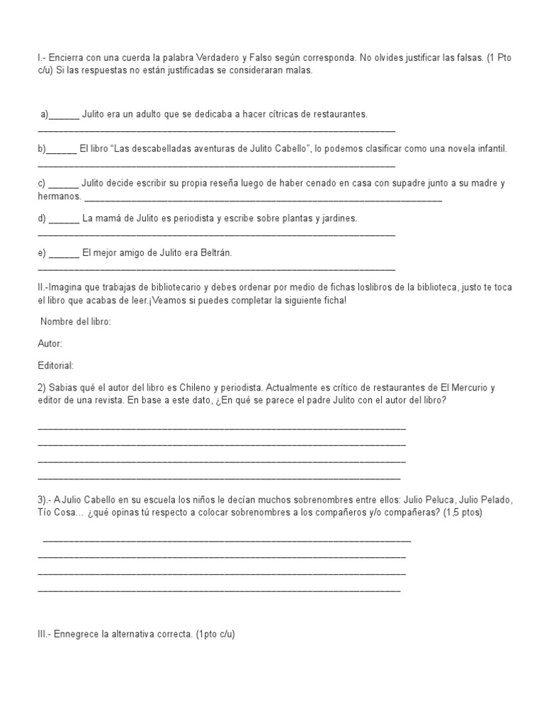 Prueba Las Descabelladas Aventuras de Julio Cabello | PDF