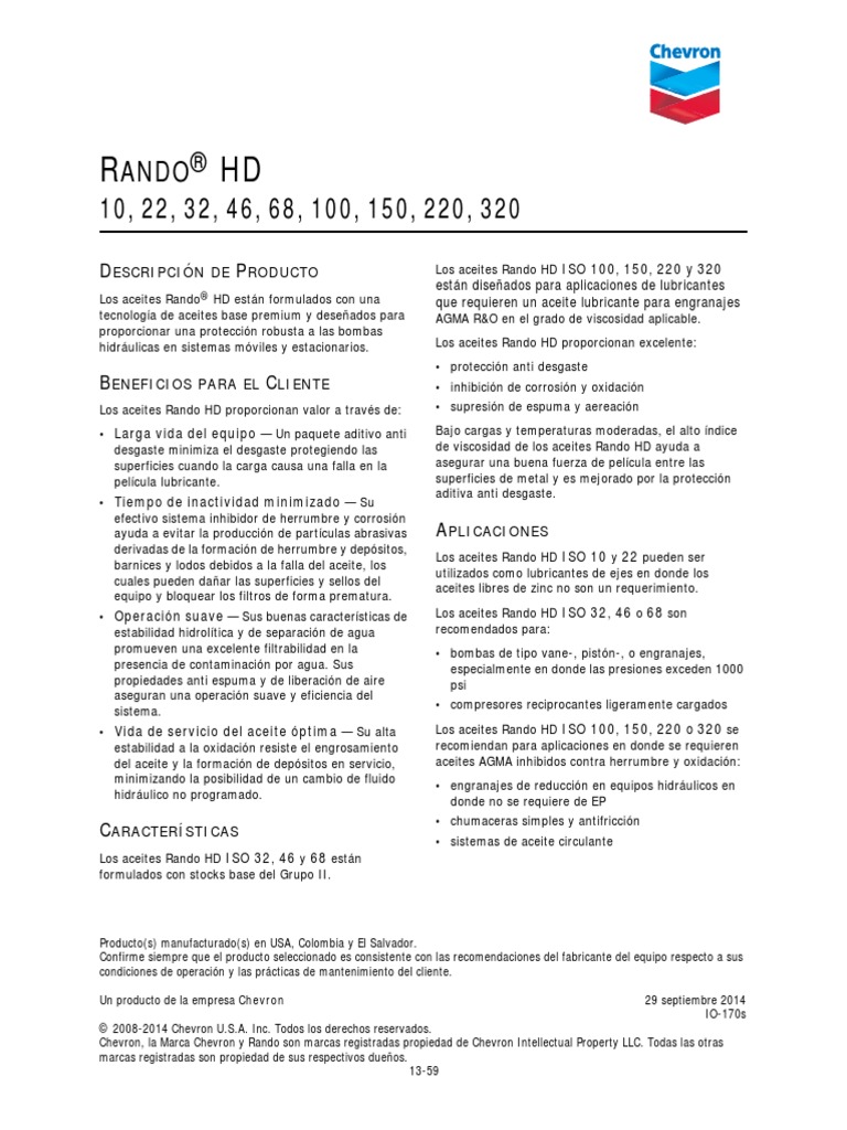 Ficha Tecnica Aceite HD32 Rando PDF | PDF | Lubricante | Engranaje