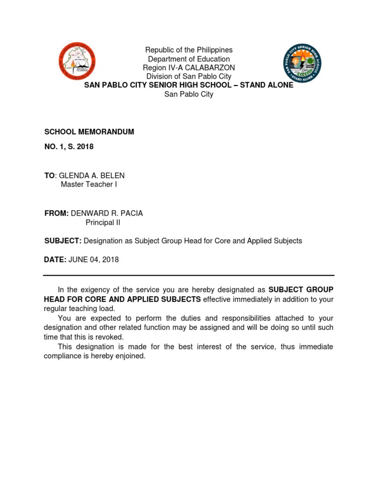 School Memo For Designation2018 - 2019 | PDF | Social Institutions ...