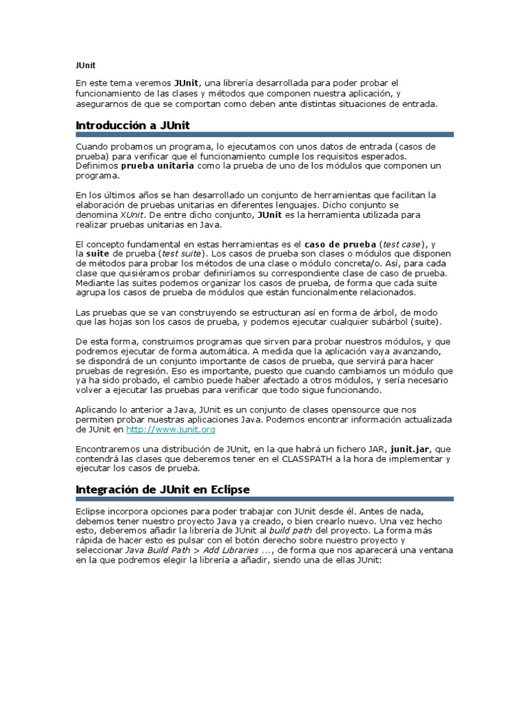 JUnit | PDF | Java (lenguaje de programación) | Biblioteca (informática)