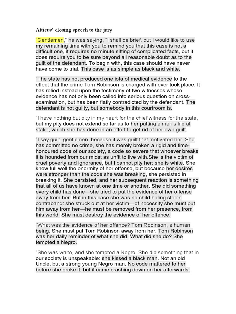 Atticus' Closing Speech To The Jury | PDF | Witness | Reasonable Doubt