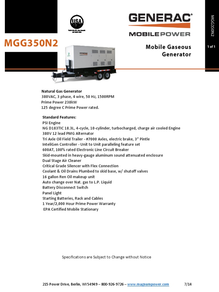 MGG350N2 Spec - Generac 50hz | PDF | Vehicles | Mechanical Engineering
