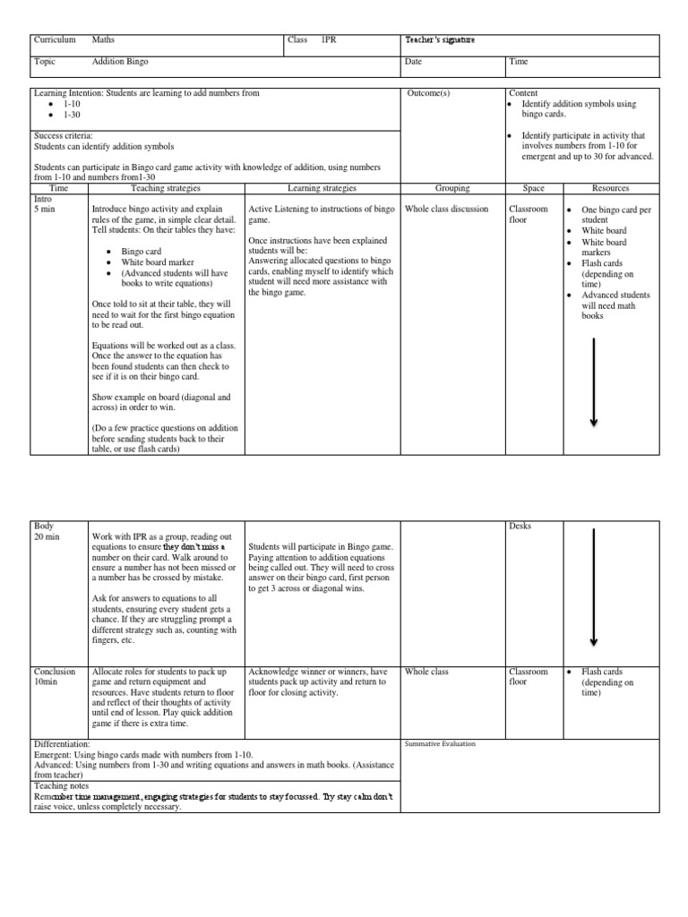 Lesson Plan Addition Bingo | PDF | Teachers | Curriculum