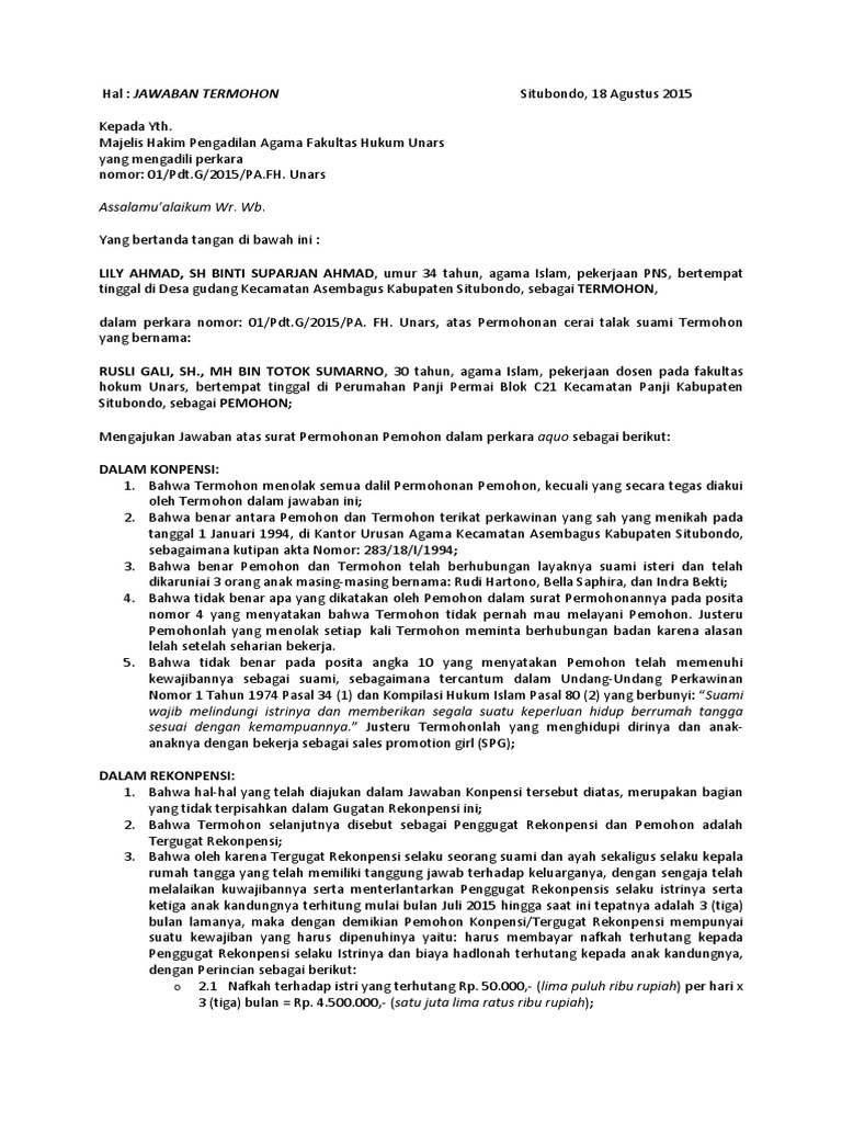 Contoh Surat Jawaban Rekonpensi Contohpedi.c0m | PDF