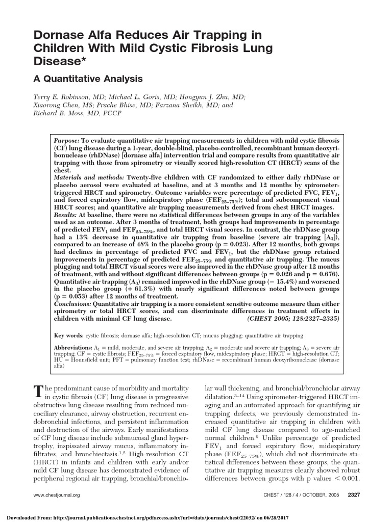 Dornase Alfa Reduces Air Trapping in Children With Mild Cystic Fibrosis ...