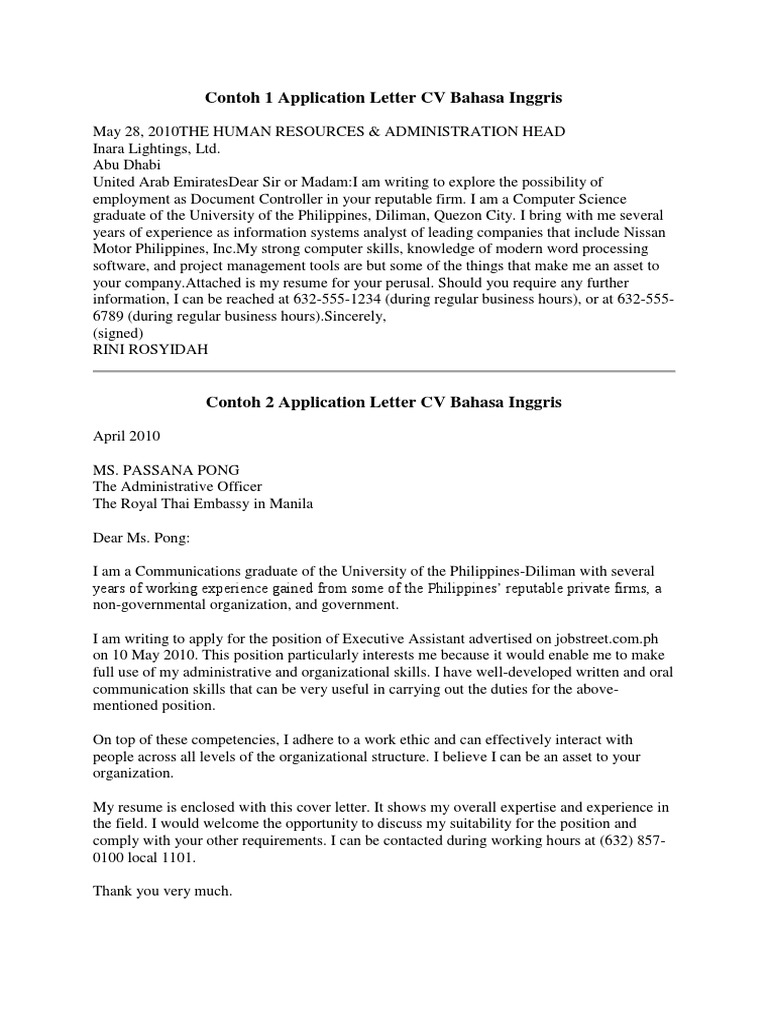 Contoh 1 Application Letter CV Bahasa Inggris | PDF | Résumé | Engineering