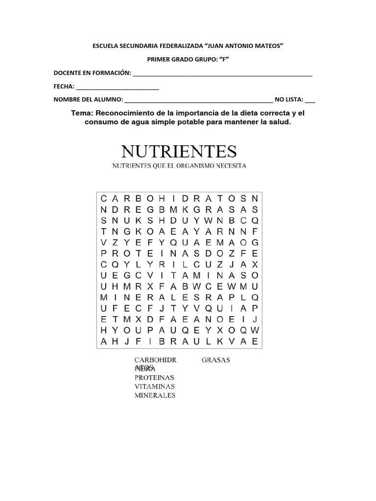 Sopa de Letras Nutrientes | PDF