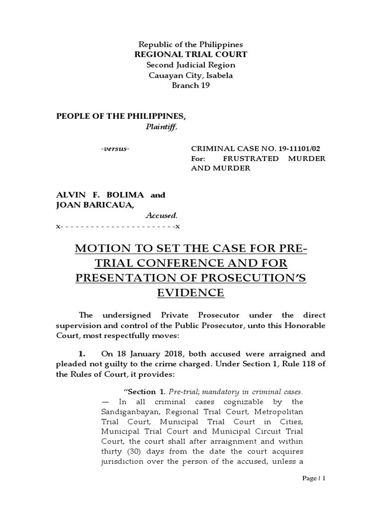 Motion to Set the Case for Presentation of Evidence-bolimsa | Plea ...