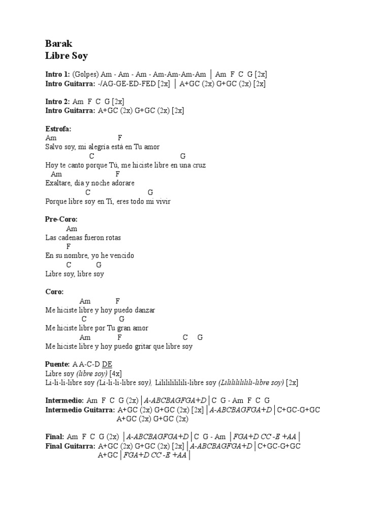 Acordes y letra de "Libre Soy" Barak | PDF