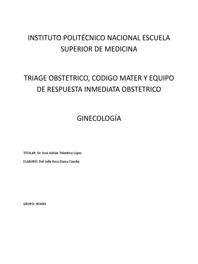 Triage Obstétrico y Código Mater | PDF | Medicina de Cuidados ...