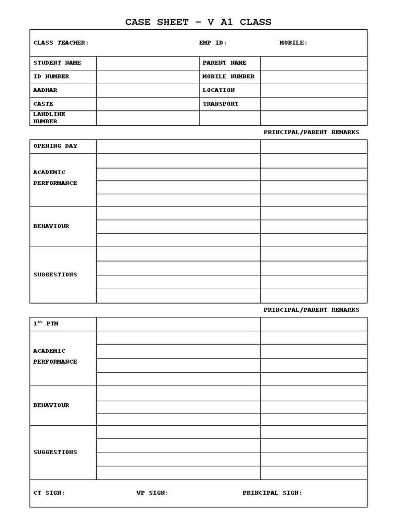 Case Sheet - V A1 Class | PDF
