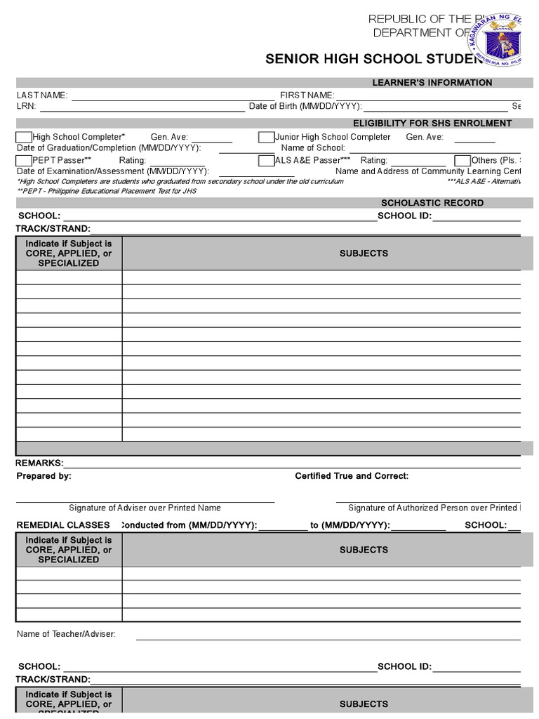 SHS Form 137 Template | PDF | Schools | Science