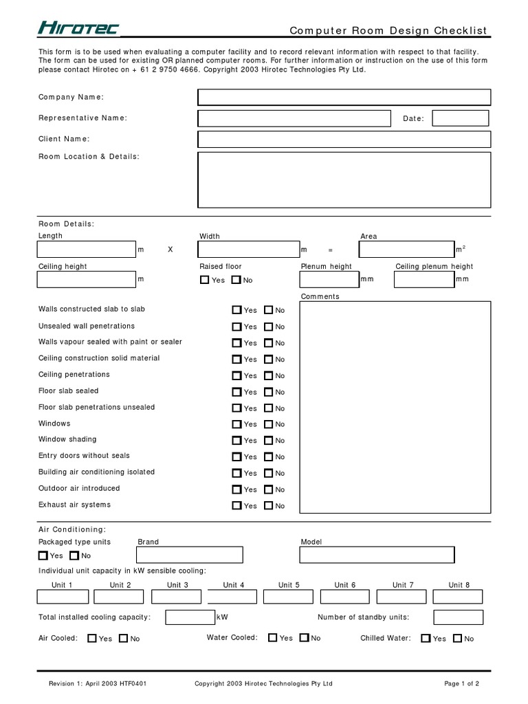Computer Room Design Checklist: Company Name: Representative Name ...