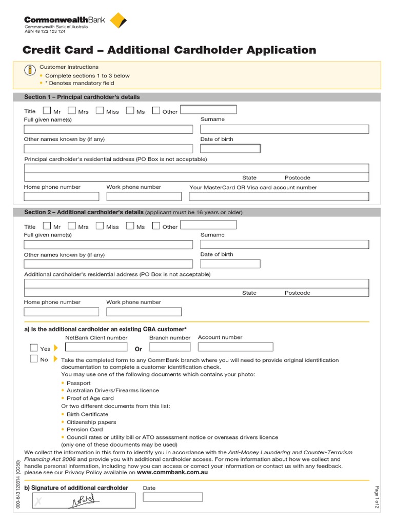 Additional Cardholder Application Form | PDF | Identity Document | Financial Transaction
