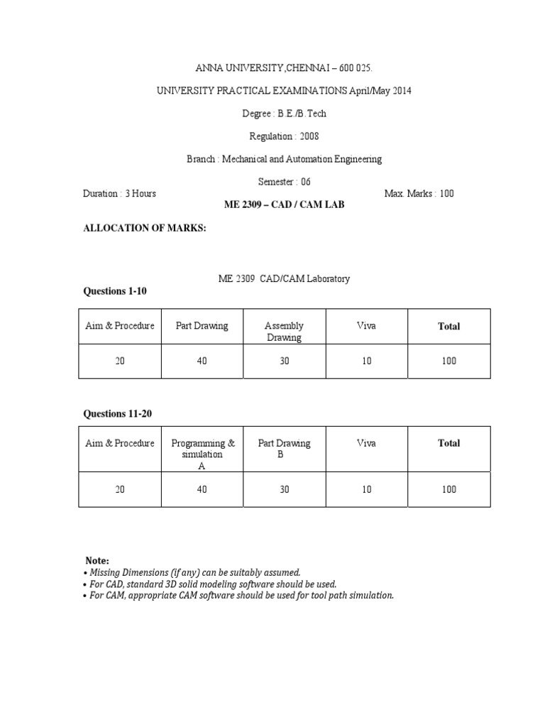 Me 2309 - Cad / Cam Lab Allocation of Marks | PDF | 3 D Computer ...