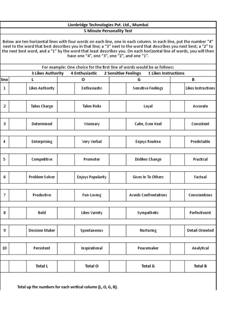 5 Min Personality Test Pdf