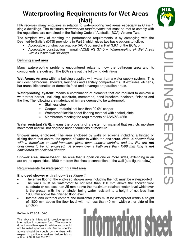 NAT BCA 10-06 Waterproofing Requirements for Wet Areas | Shower | Wall