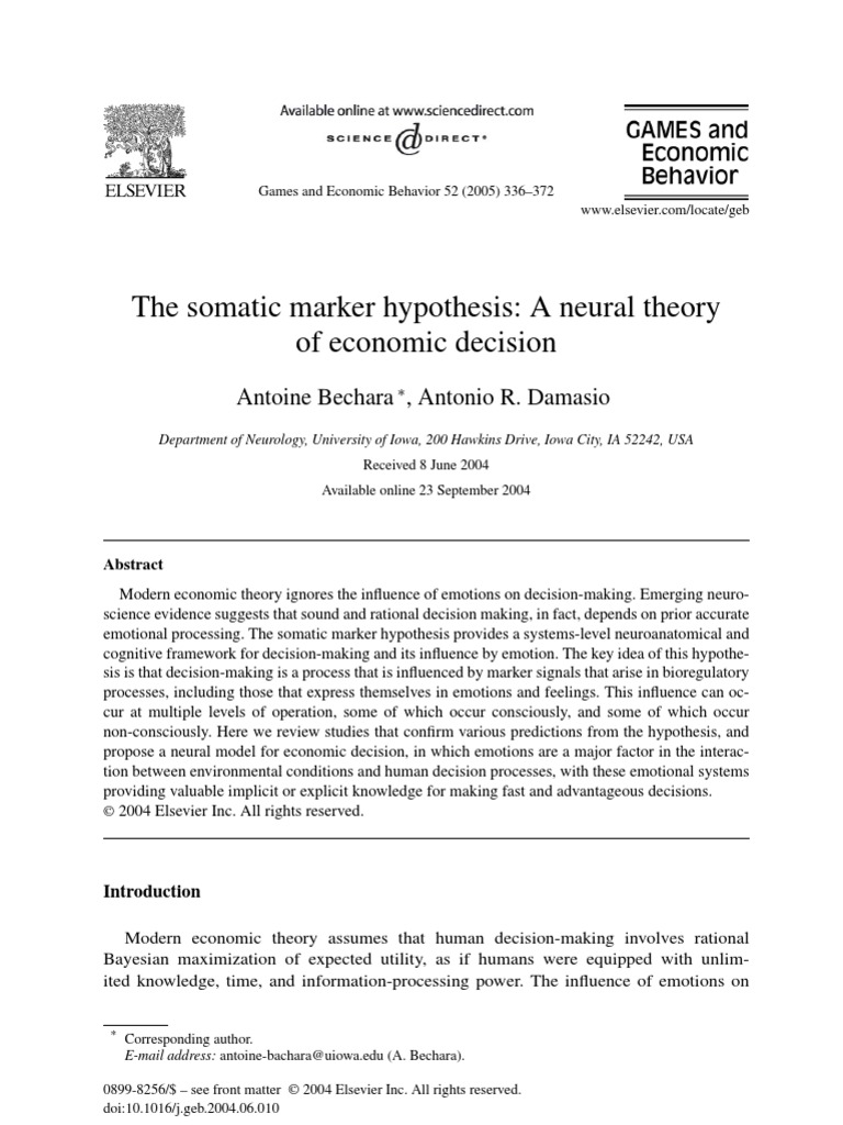 The Somatic Marker Hypothesis a Neural Theory | Cerebral Cortex